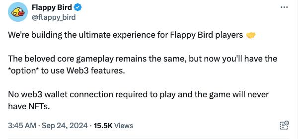 Flappy Bird 拒绝 NFT，添加加密货币选项